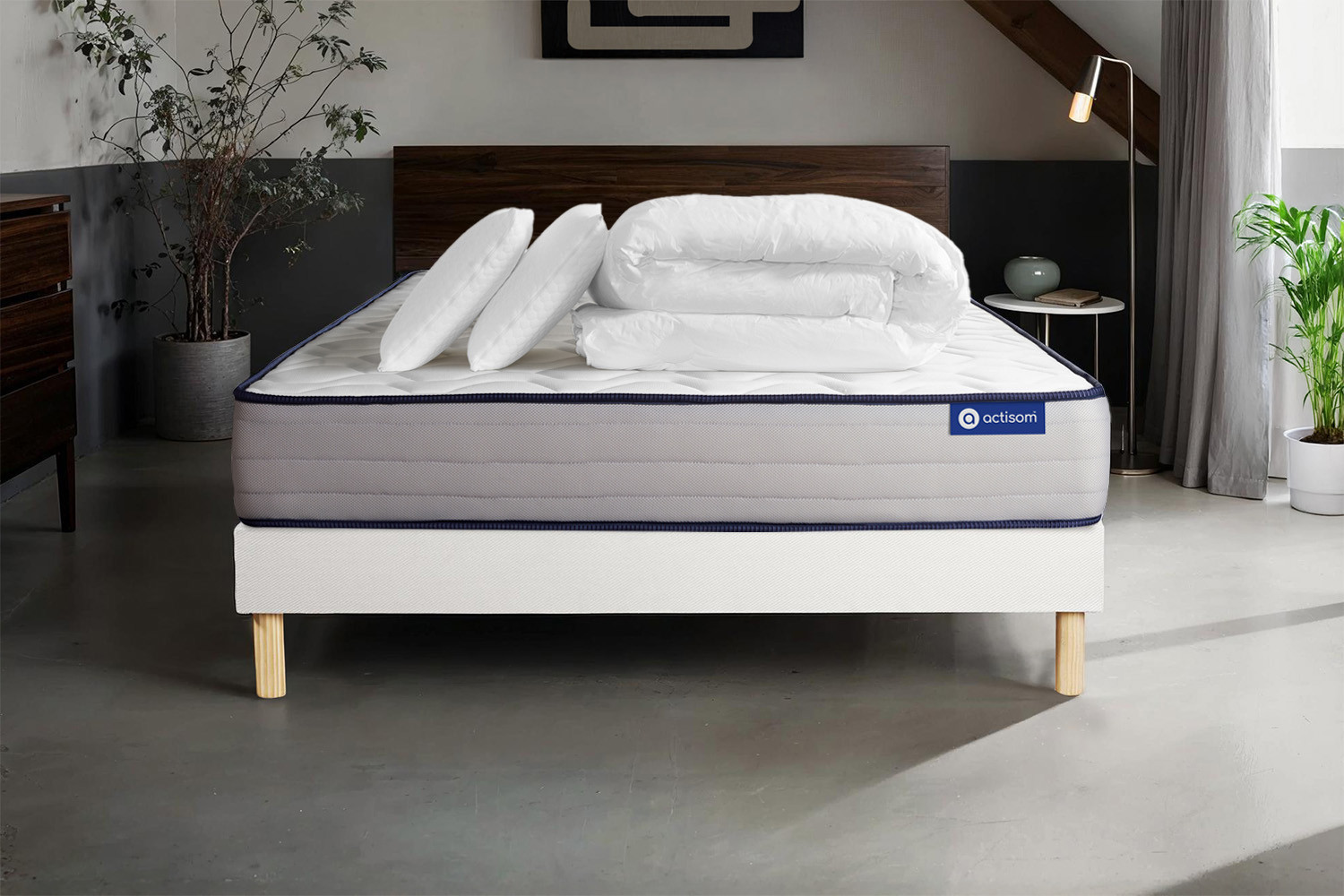 Pack lit complet 200x200 cm - Matelas + Sommier Blanc (en kit) + 2 ...